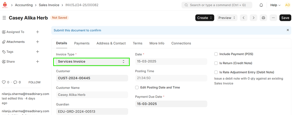 SL- Service Sales Invoice Creation